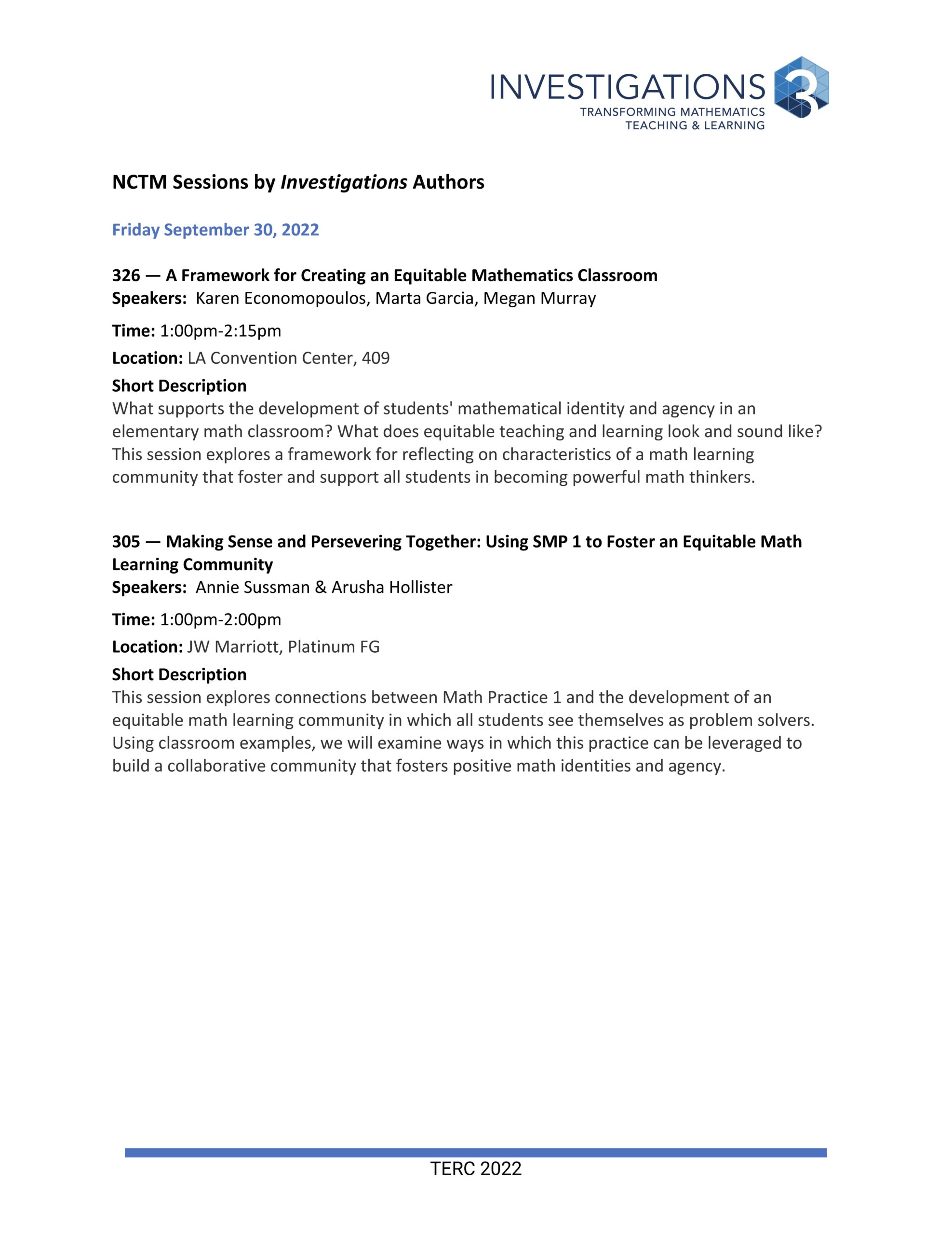 Investigations authors will be presenting at NCTM on September 29th and ...